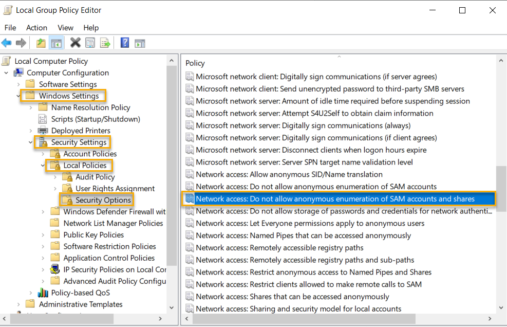 Ensure 'Network access: Do not allow anonymous enumeration of SAM ...