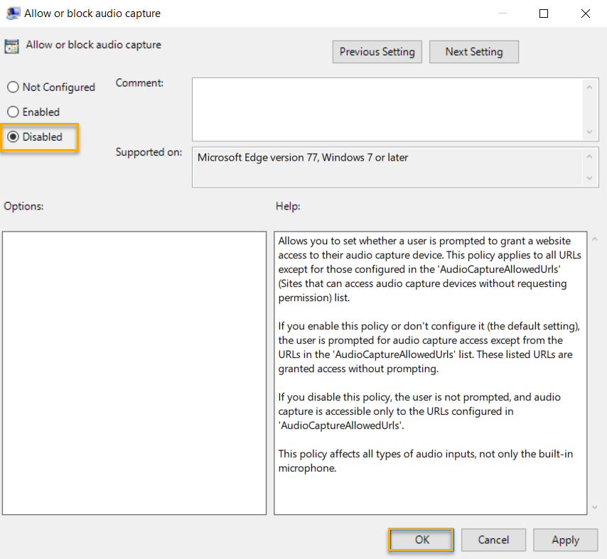 Ensure 'Allow or block audio capture' is set to 'Disabled' (CIS LEVEL 2)