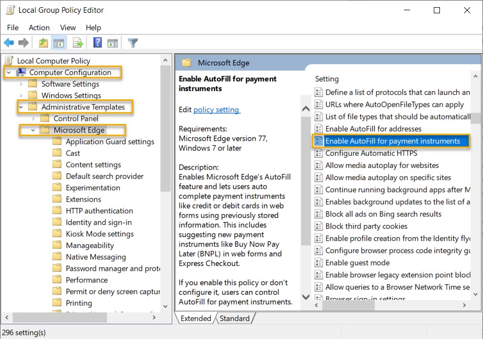 Ensure 'Enable AutoFill for payment instructions' is set to 'Disabled' (CIS LEVEL 1)