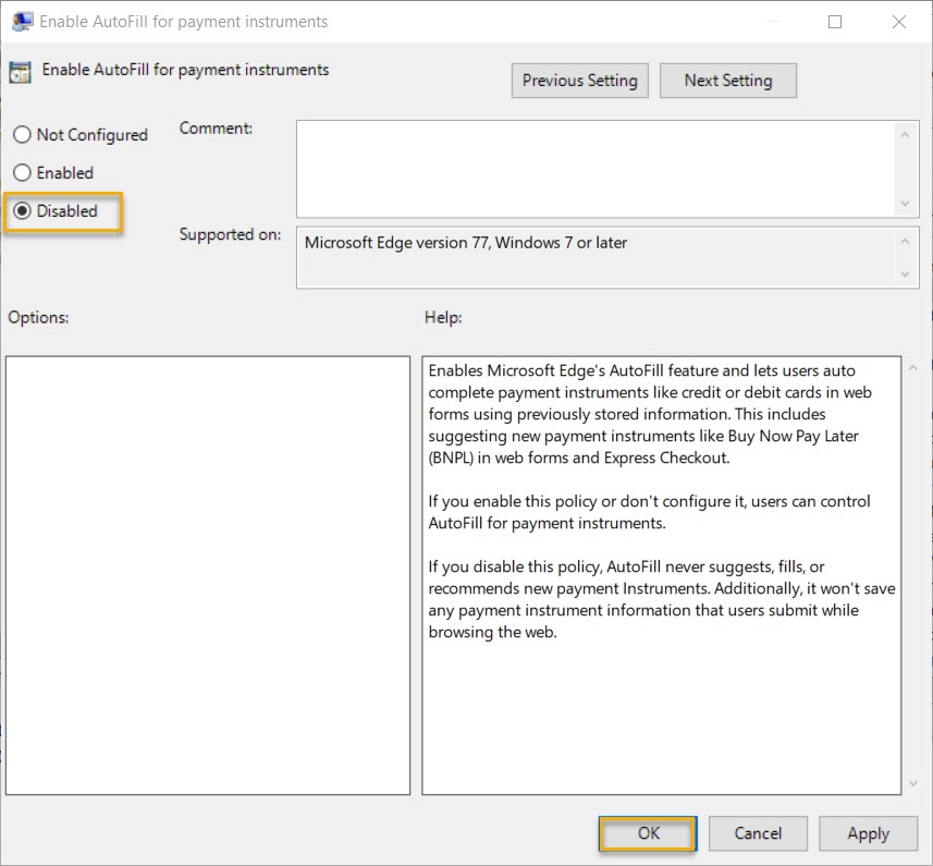 Ensure 'Enable AutoFill for payment instructions' is set to 'Disabled' (CIS LEVEL 1)