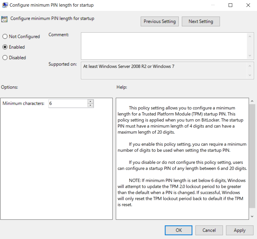 BitLocker PIN for Pre-Boot Length less than 6 digits