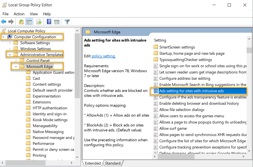 Ensure 'Ads setting for sites with intrusive ads' is set to 'Enabled ...