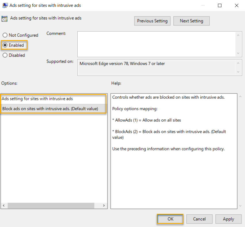 Ensure 'Ads setting for sites with intrusive ads' is set to 'Enabled ...