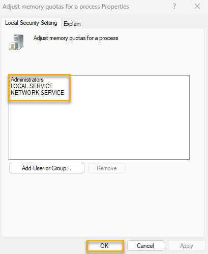 Ensure 'Adjust memory quotas for a process' is set to 'Administrators, LOCAL SERVICE, NETWORK ...