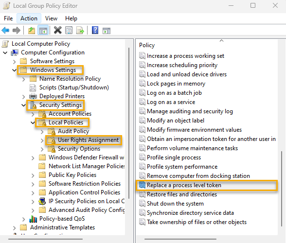 Ensure 'Replace a process level token' is set to 'LOCAL SERVICE ...