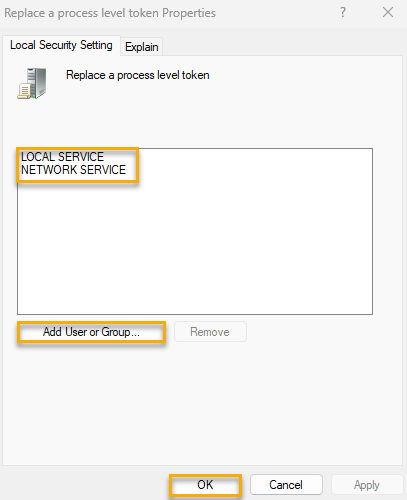 Ensure 'Replace a process level token' is set to 'LOCAL SERVICE, NETWORK SERVICE' (CIS LEVEL 1)