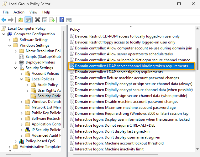 Ensure 'Domain controller: LDAP server channel binding token ...