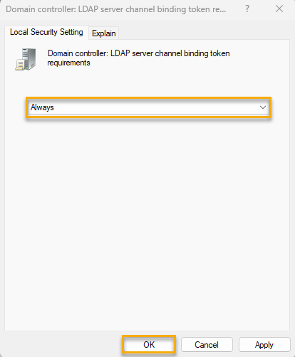 Ensure 'Domain controller: LDAP server channel binding token ...
