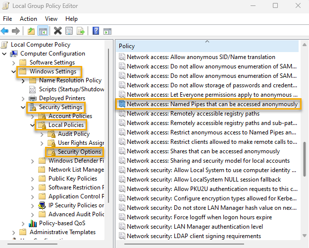 Ensure 'Network access: Named Pipes that can be accessed anonymously ...