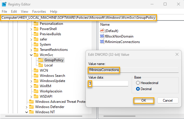 Ensure 'Minimize the number of simultaneous connections to the Internet or a Windows Domain' is ...