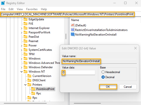 Ensure 'Point and Print Restrictions: When installing drivers for a new connection' is set to ...