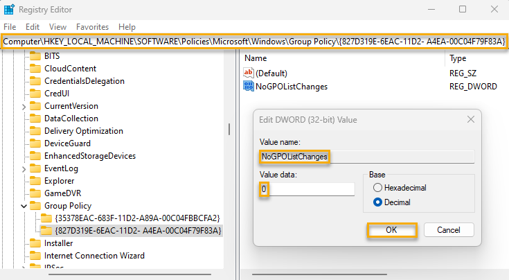 Ensure 'Configure security policy processing: Process even if the Group Policy objects have not ...