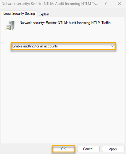 Ensure 'Network security: Restrict NTLM: Audit Incoming NTLM Traffic' is set to 'Enable auditing ...