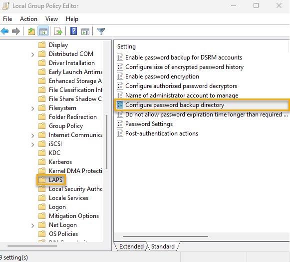 Ensure 'Configure password backup directory' is set to 'Enabled: Active ...