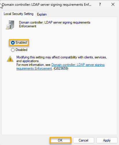 Ensure 'Domain controller: LDAP server signing requirements Enforcement' is set to 'Enabled' (DC ...