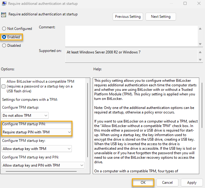 Ensure 'Require additional authentication at startup: Configure TPM ...