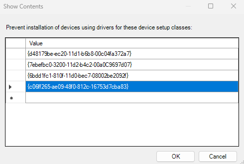 Ensure 'Prevent installation of devices using drivers that match these device setup classes ...