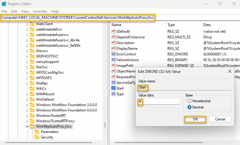 Ensure 'WinHTTP Web Proxy Auto-Discovery Service (WinHttpAutoProxySvc)' is set to 'Disabled ...