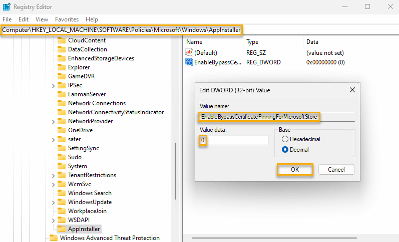 Ensure 'Enable App Installer Microsoft Store Source Certificate Validation Bypass' is set to ...