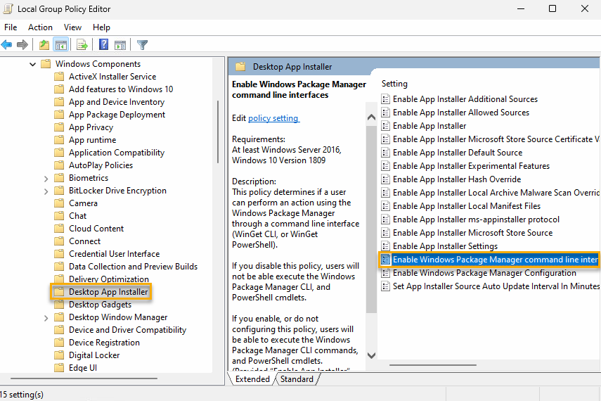 Ensure 'Enable Windows Package Manager command line interfaces' is set ...