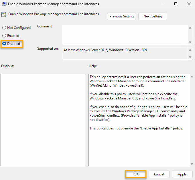 Ensure 'Enable Windows Package Manager command line interfaces' is set ...