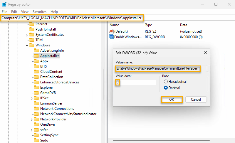 Ensure 'Enable Windows Package Manager command line interfaces' is set ...