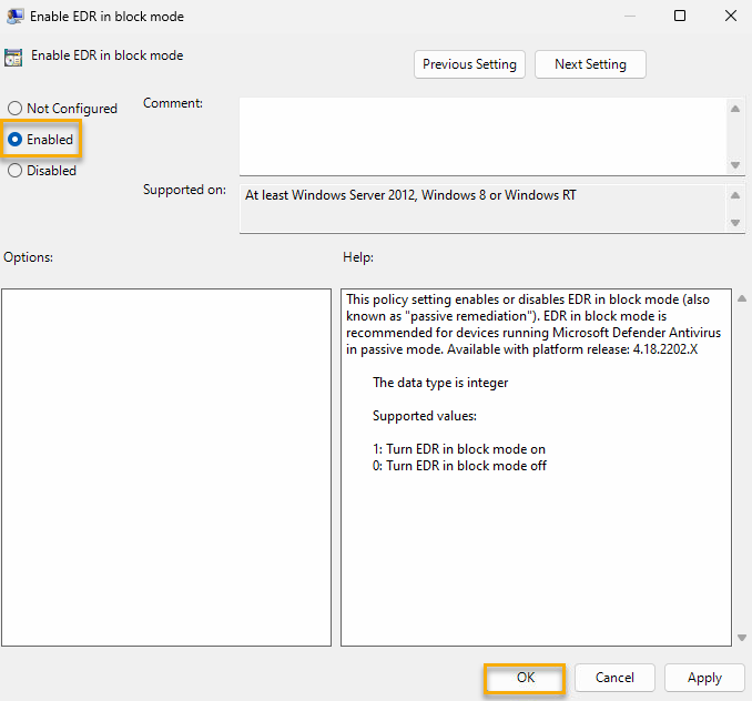 Ensure 'Enable EDR in block mode' is set to 'Enabled' (CIS LEVEL 1)
