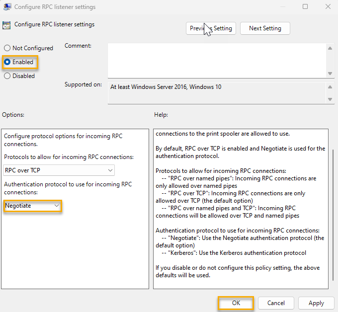 Ensure 'Configure RPC listener settings: Authentication protocol to use for incoming RPC ...