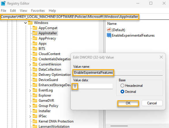 Ensure 'Enable App Installer Experimental Features' is set to 'Disabled ...