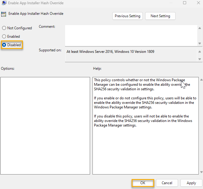 Ensure 'Enable App Installer Hash Override' is set to 'Disabled' (CIS LEVEL 1)