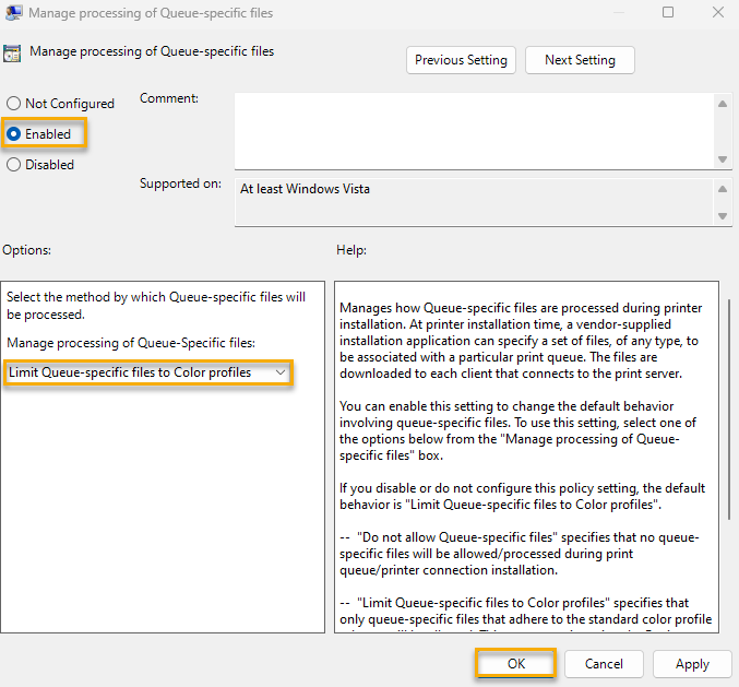 Ensure 'Manage processing of Queue-specific files' is set to 'Enabled: Limit Queue-specific ...