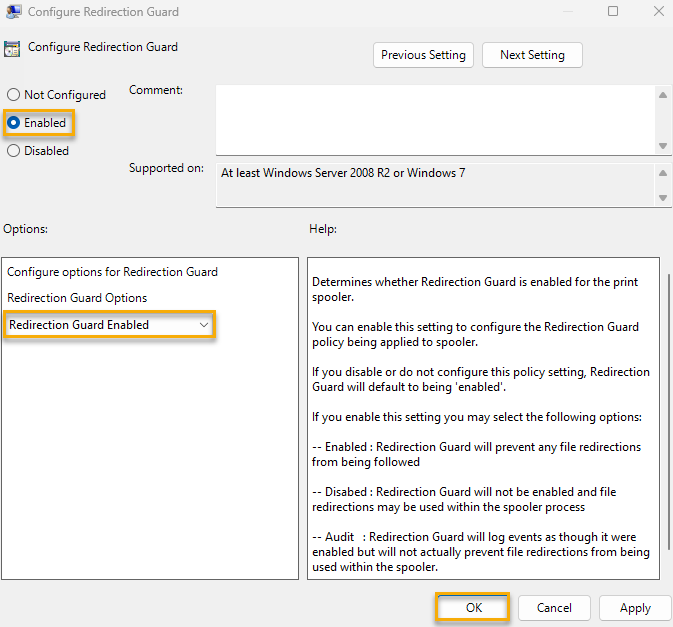 Ensure 'Configure Redirection Guard' is set to 'Enabled: Redirection ...