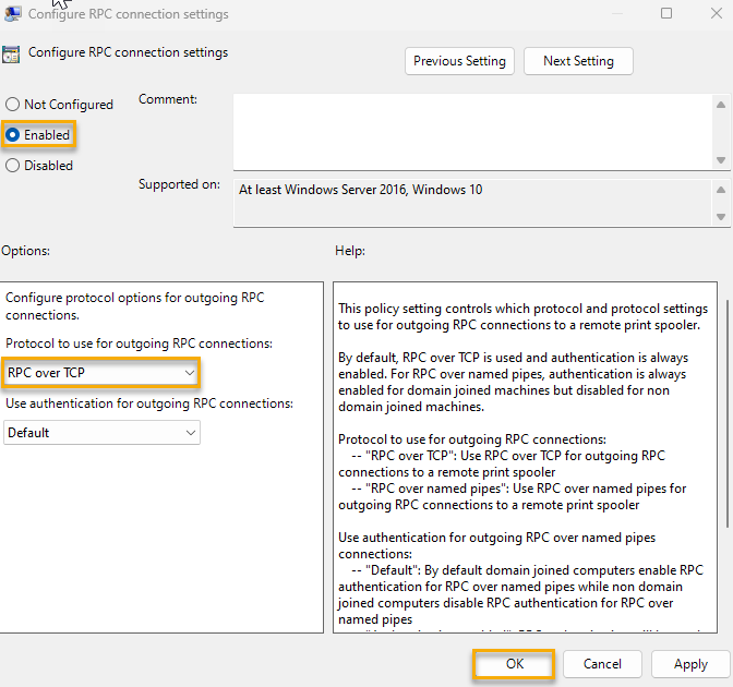 Ensure 'Configure RPC connection settings: Protocol to use for outgoing RPC connections' is set ...