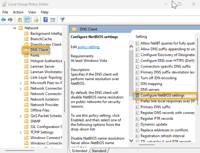 Ensure 'Configure NetBIOS settings' is set to 'Enabled: Disable NetBIOS name resolution on ...
