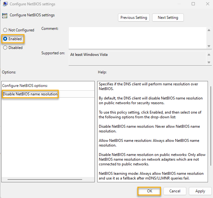 Ensure 'Configure NetBIOS settings' is set to 'Enabled: Disable NetBIOS name resolution on ...