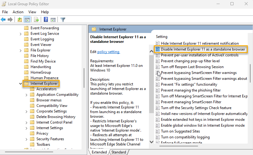 Ensure 'Disable Internet Explorer 11 as a standalone browser' is set to ...