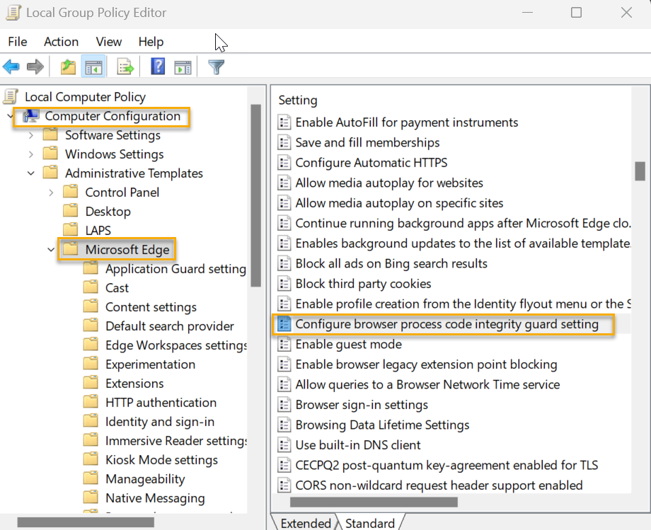 Ensure 'Configure browser process code integrity guard setting' is set to 'Enabled: Enable code ...