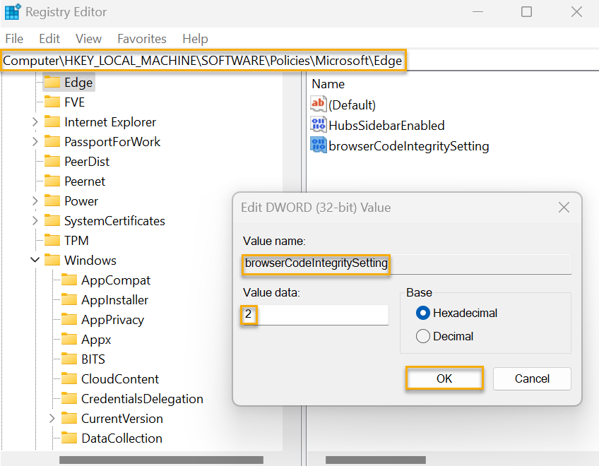 Ensure 'Configure browser process code integrity guard setting' is set to 'Enabled: Enable code ...