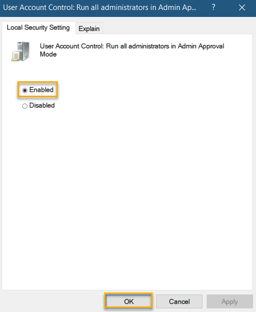 Ensure 'User Account Control: Run all administrators in Admin Approval Mode' is set to 'Enabled ...