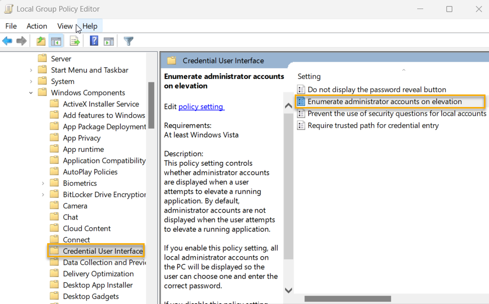 Administrator accounts must not be enumerated during elevation