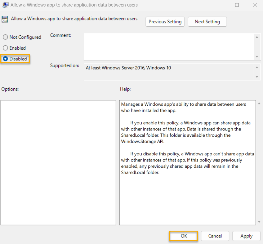 Ensure 'Allow a Windows app to share application data between users' is set to 'Disabled' (CIS ...