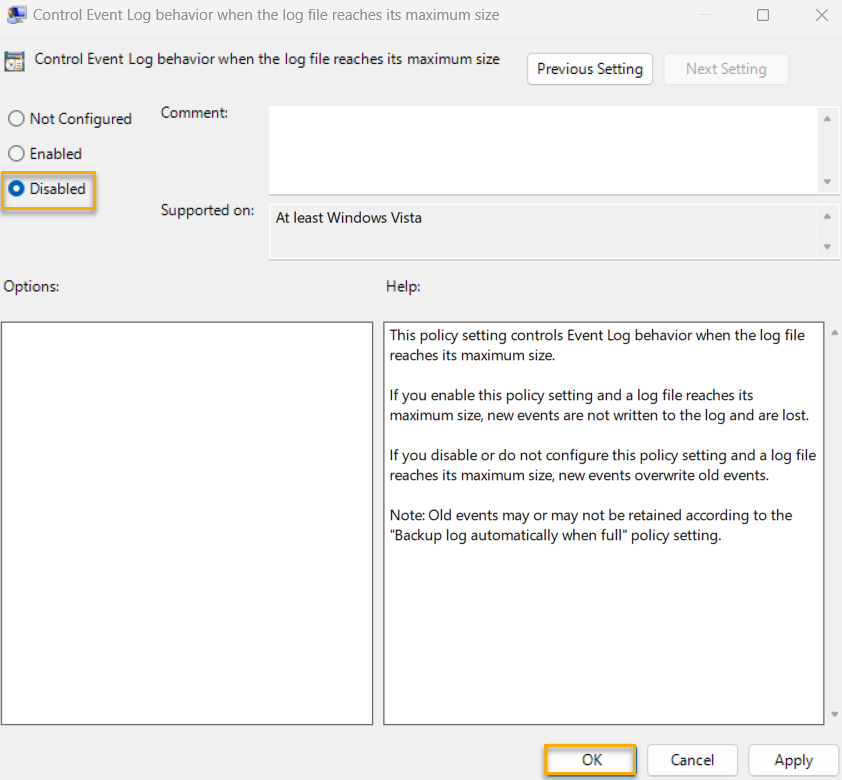 Ensure 'Application: Control Event Log behavior when the log file reaches its maximum size' is ...