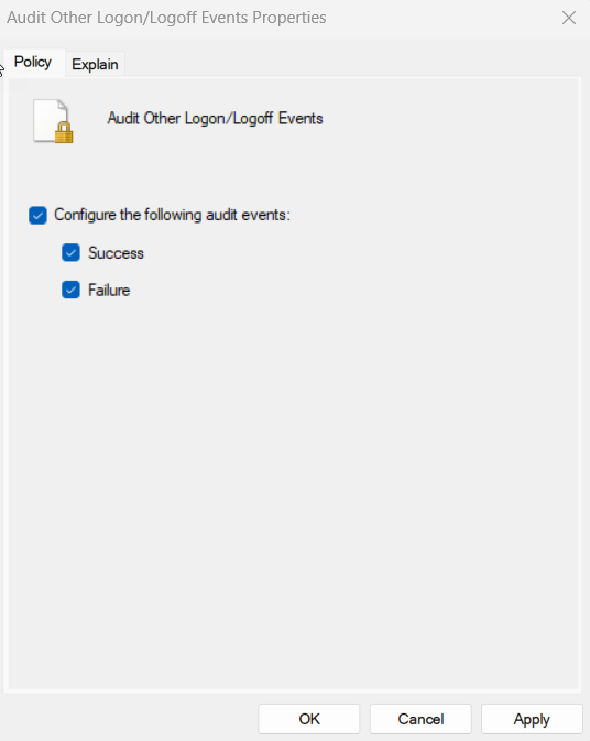 Ensure 'Audit Other Logon/Logoff Events' is set to 'Success and Failure ...