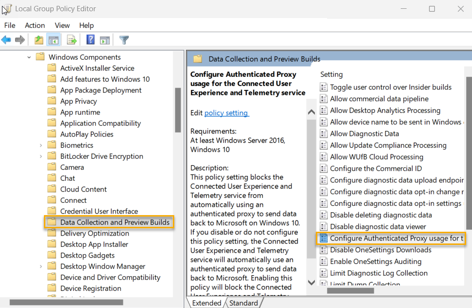 Ensure 'Configure Authenticated Proxy usage for the Connected User Experience and Telemetry ...