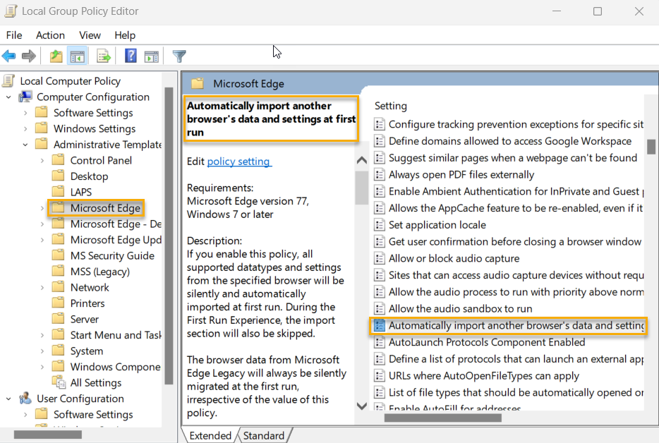 Ensure 'Automatically import another browser's data and settings at ...