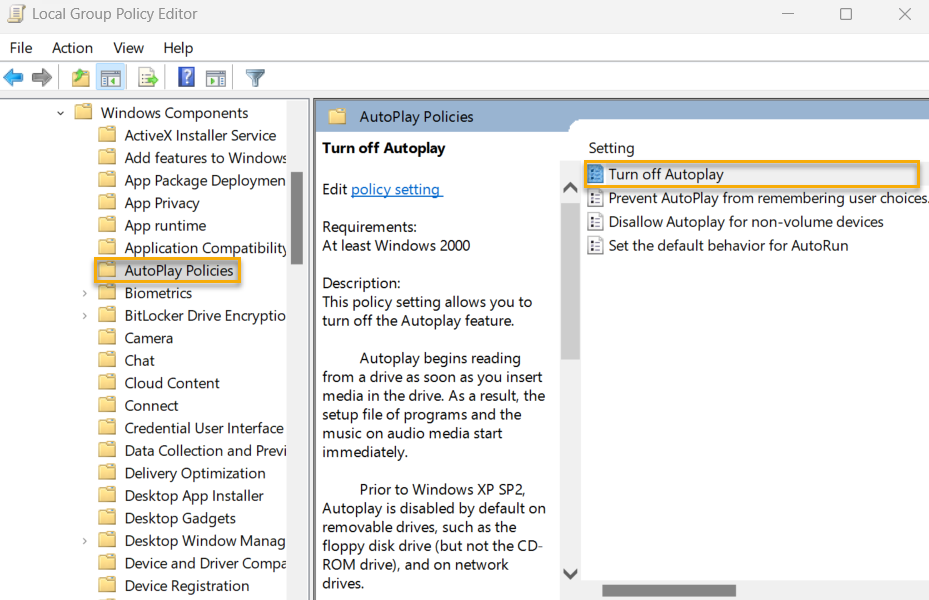 Ensure 'Turn off Autoplay' is set to 'Enabled: All drives'