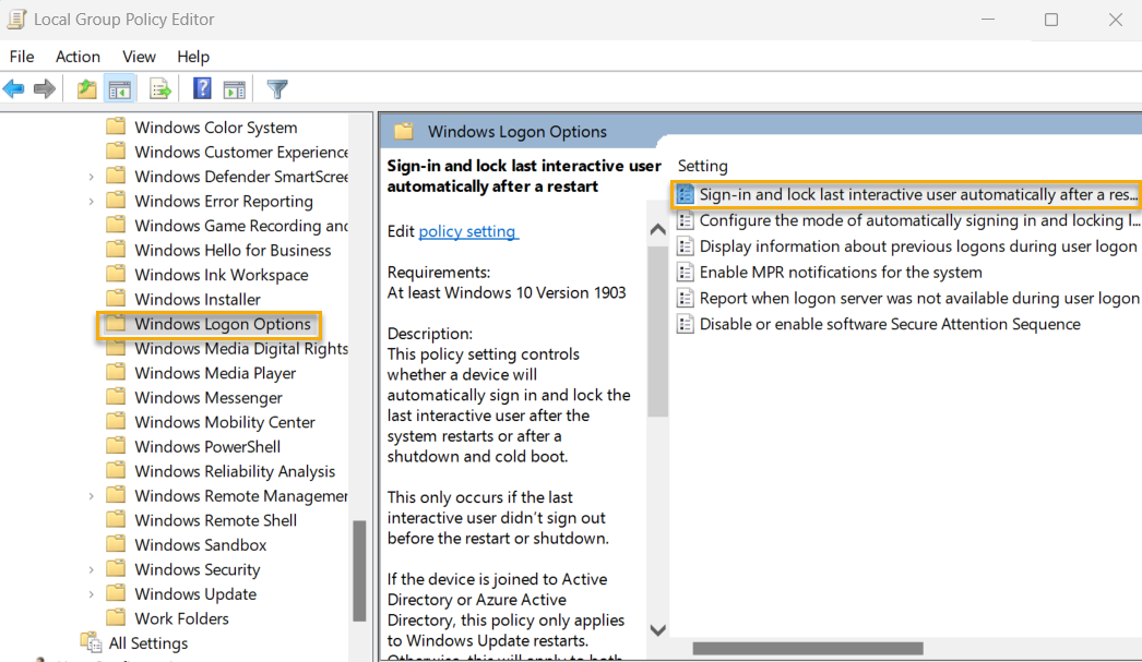 Automatic Sign-In After System-Initiated Restart Enabled