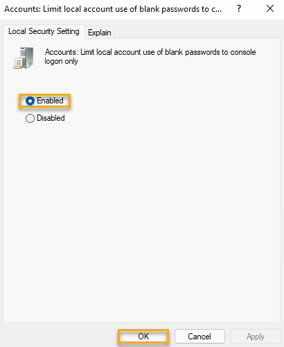 Ensure 'Accounts: Limit local account use of blank passwords to console logon only' is set to ...