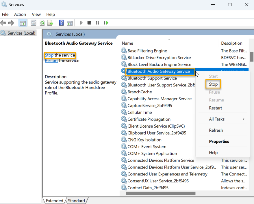 Ensure 'Bluetooth Audio Gateway Service (BTAGService)' is set to ...