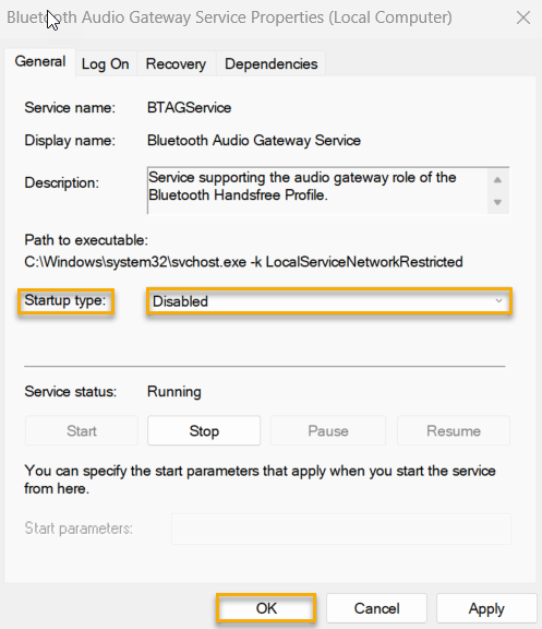 Ensure 'Bluetooth Audio Gateway Service (BTAGService)' is set to ...